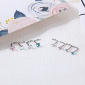 ZS 4Pcs 20G Grade 23 Titanium Nose Rings for Women, 2mm 3mm CZ Nose Studs, Nose Bone/Screws/L Shaped Nose Piercing Jewelry (Round(Claw),L-2mm)