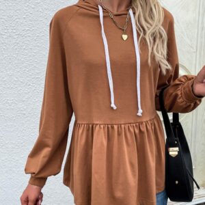 YOXUA Womens Casual Hoodies Peplum Tops, Long Sleeve Lightweight Drawstring Sweatshirt Jacket Pullover Shirts Blouse Coffee