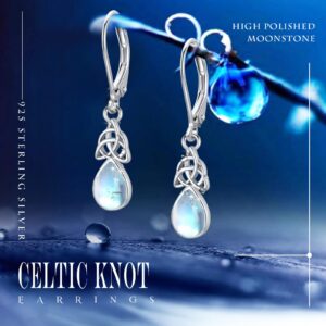 Celtic Moonstone Earrings for Women 925 Sterling Silver Celtic Knot Trinity Leverback Earrings Moonstone Teardrop Earrings Dewdrop Water Drop Bridal Earrings Irish Earrings Moonstone Jewelry