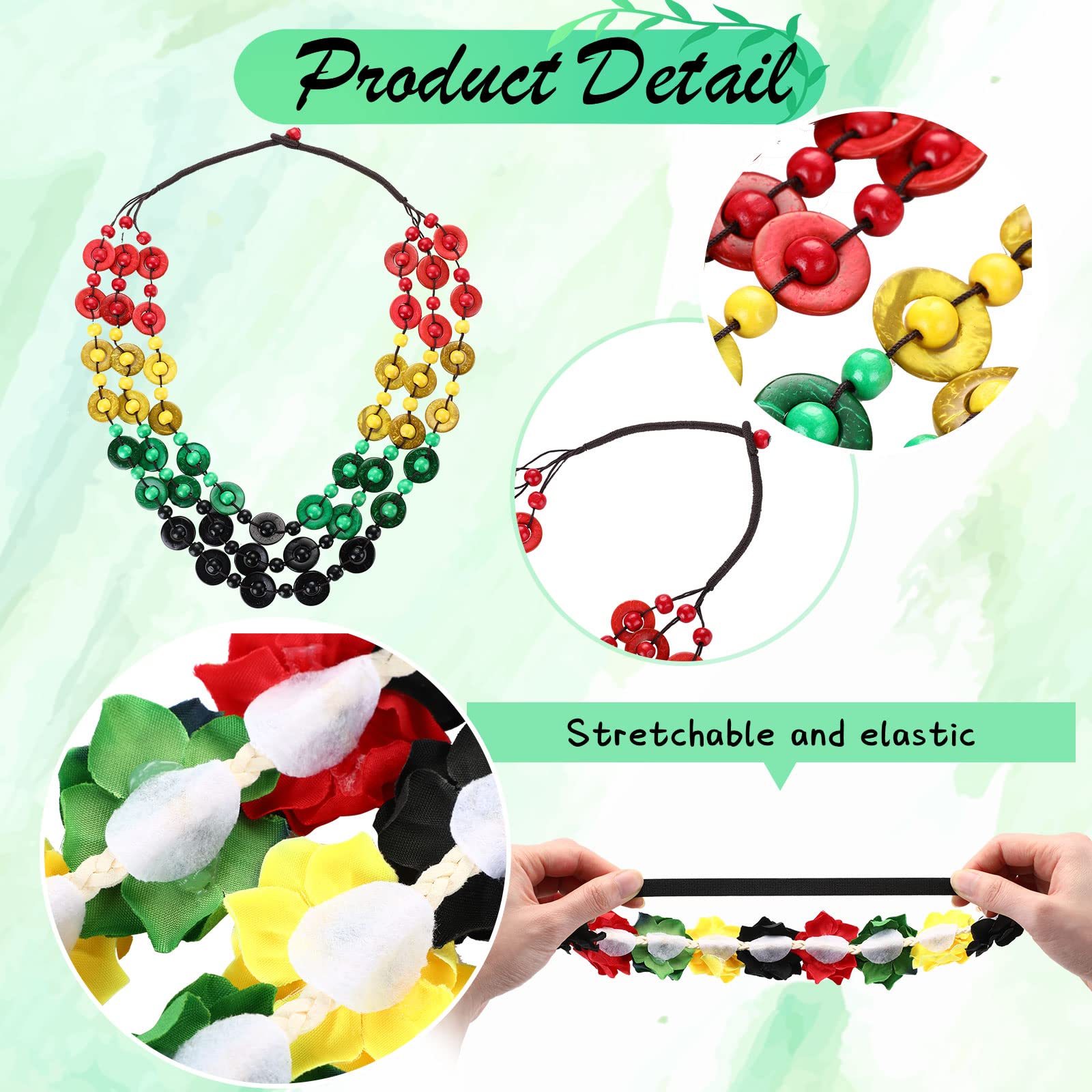 MTLEE 5 Pieces Women's African Jewelry Kwanzaa Jamaican Multicolor Rasta Beaded Bracelet Wood Queen Dangle Earrings Jewelry Bohemian Coconut Shell Necklace Black Red Green Yellow Flower Crown