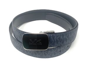 michael kors men's cut to fit reversible pvc leather mk plaque belt (navy)