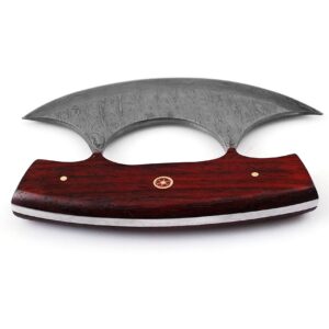 Bushcraft Custom Handmade Damascus Steel Ulu Knife - Best Alaskan Damascus Ulu Knife With Sheath - Multi-Purpose Damascus Knives For Skinning, Hunting, Chopping, (Red Padauk)