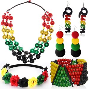 mtlee 5 pieces women's african jewelry kwanzaa jamaican multicolor rasta beaded bracelet wood queen dangle earrings jewelry bohemian coconut shell necklace black red green yellow flower crown