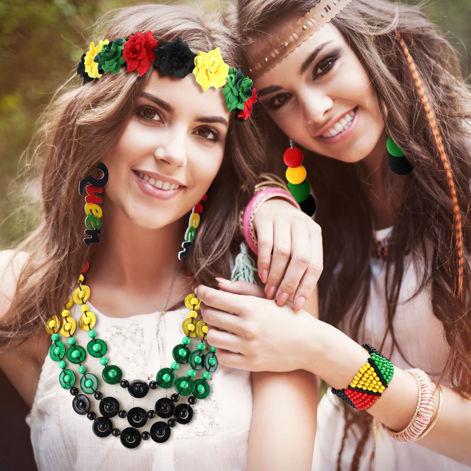 MTLEE 5 Pieces Women's African Jewelry Kwanzaa Jamaican Multicolor Rasta Beaded Bracelet Wood Queen Dangle Earrings Jewelry Bohemian Coconut Shell Necklace Black Red Green Yellow Flower Crown