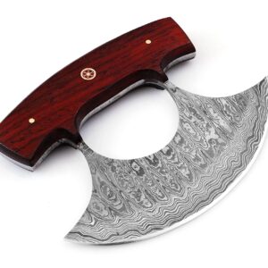 Bushcraft Custom Handmade Damascus Steel Ulu Knife - Best Alaskan Damascus Ulu Knife With Sheath - Multi-Purpose Damascus Knives For Skinning, Hunting, Chopping, (Red Padauk)