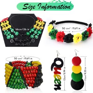 MTLEE 5 Pieces Women's African Jewelry Kwanzaa Jamaican Multicolor Rasta Beaded Bracelet Wood Queen Dangle Earrings Jewelry Bohemian Coconut Shell Necklace Black Red Green Yellow Flower Crown