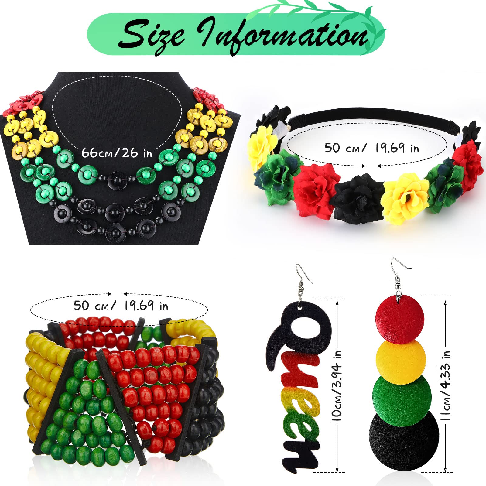 MTLEE 5 Pieces Women's African Jewelry Kwanzaa Jamaican Multicolor Rasta Beaded Bracelet Wood Queen Dangle Earrings Jewelry Bohemian Coconut Shell Necklace Black Red Green Yellow Flower Crown