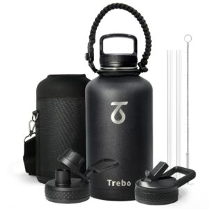 trebo half gallon water bottle with paracord handle 64oz wide mouth insulated double wall stainless steel large sports flask keep hot 24 hours & cold 48 hours water jug with 3 lids, black