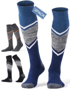 fitrell 3 pack men's and women's ski socks full cushioned winter merino wool thermal knee high warm socks for skiing snowboarding, black+orange+blue, large