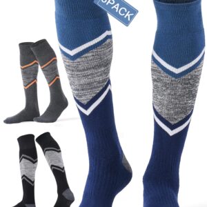 FITRELL 3 Pack Men's and Women's Ski Socks Full Cushioned Winter Merino Wool Thermal Knee High Warm Socks for Skiing Snowboarding, Black+Orange+Blue, Large