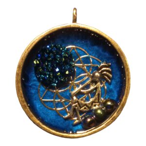 music of the spheres orgone pendant - with magnetite and double terminated quartz crystal activation, blue