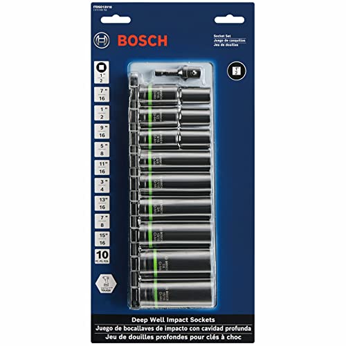 BOSCH ITDSO12V10 10-Piece Mixed 1/2 In. Sockets with 1/4 In. Hex to 1/2 In. Socket Adapter Impact Tough Assorted Set