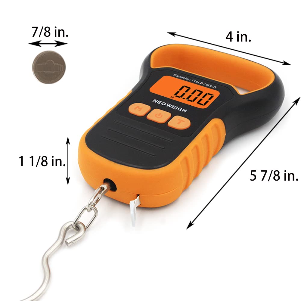 Portable Fishing Scale, Easy to Read, 110lbs/50kg, Digital Fishing Scale with Tape Measure, Large Backlight Display, 3 Weighing Units, Fishing Lanyard, Woven Strap, Tare Funcion