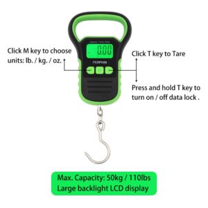 (LATEST VERSION)Fishing Scale, Rubberized Fish Scale, 110pounds/50kg, Portable Fishing Scale with Travel Pouch, Digital Fish Scale with 60 inches Ruler, Large Backlight LCD Dispaly, in Black and Green