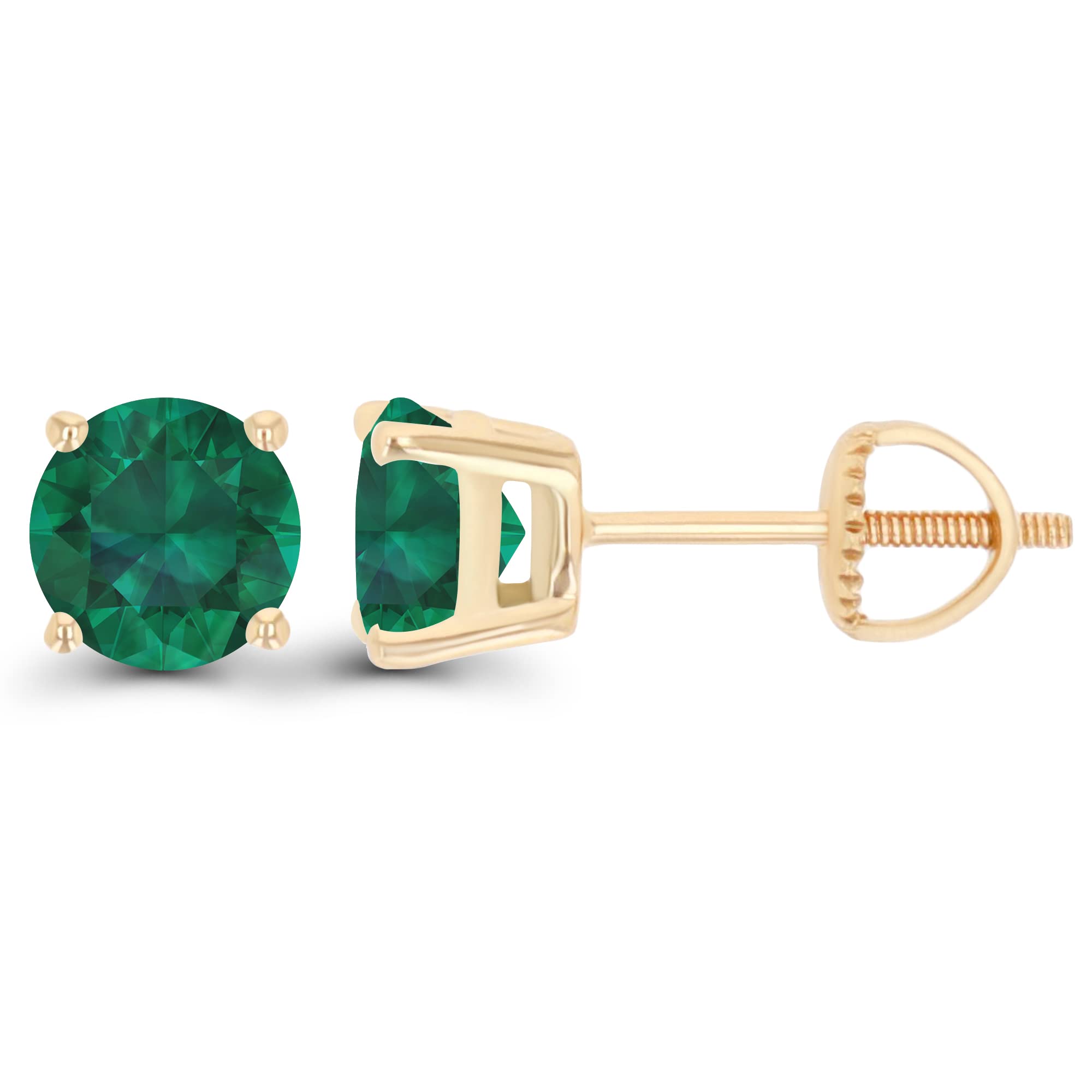 14K Yellow Gold Plated Sterling Silver 6mm Round Created Green Emerald May Birthstone Screwback Stud Earrings