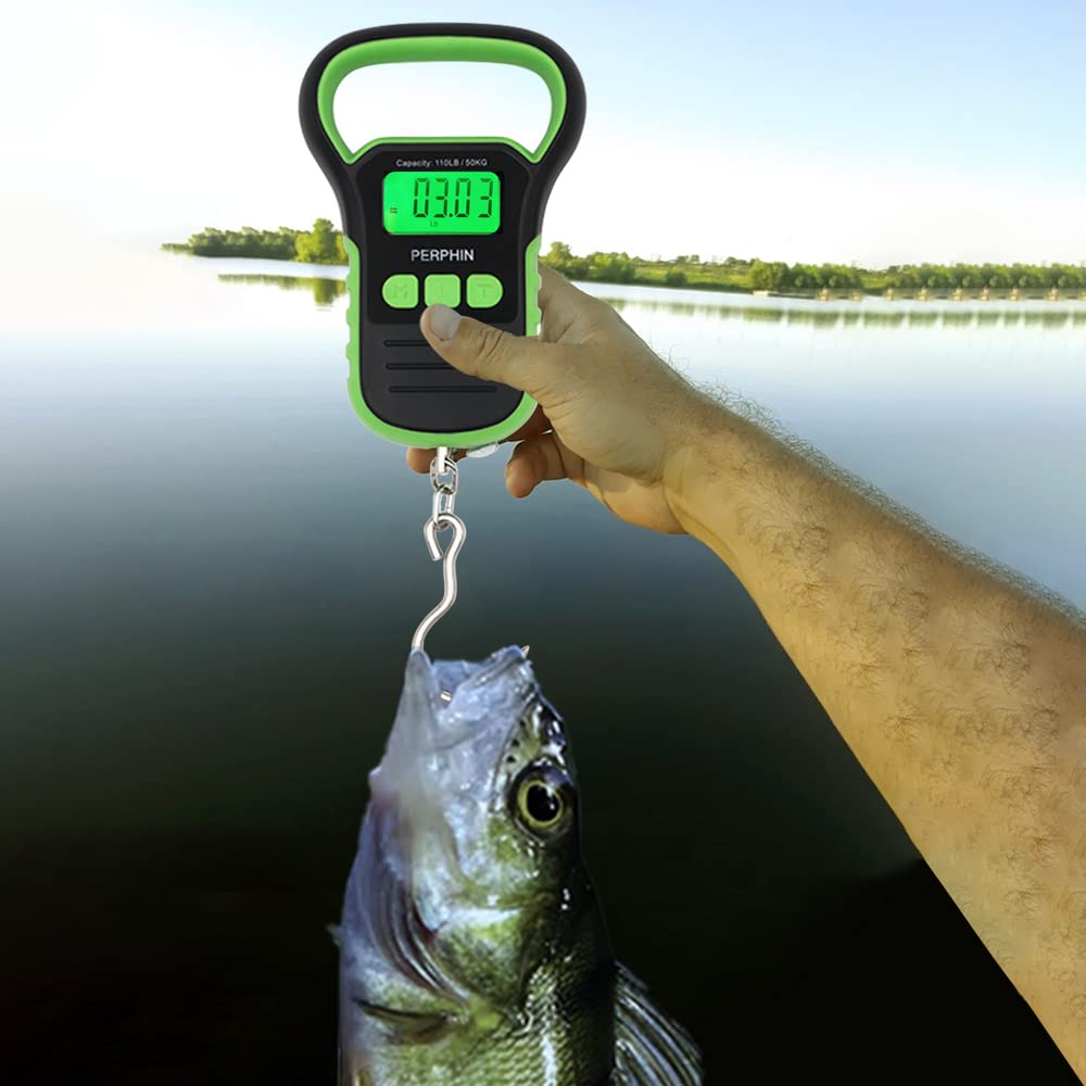 (LATEST VERSION)Fishing Scale, Rubberized Fish Scale, 110pounds/50kg, Portable Fishing Scale with Travel Pouch, Digital Fish Scale with 60 inches Ruler, Large Backlight LCD Dispaly, in Black and Green