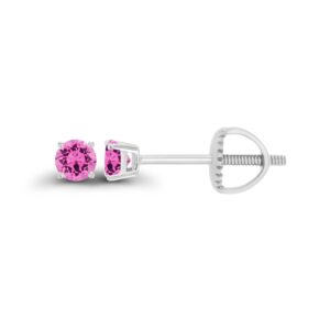 solid 14k white gold 3mm round created pink sapphire birthstone screwback stud earrings