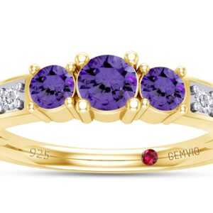 GEMVIO Collection 3 Stone Ring, Round Cut Natural Amethyst Gemstone & Natural Diamond Engagement Ring In 14K Yellow Gold Over Sterling Silver Anniversary Wedding Band Ring (0.40 Cttw)-6