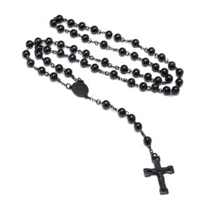 vnox rosary cross necklace for men women,long rosary beads catholic cross y necklace with crucifix cross virgin mary medal pendant,6mm bead,black