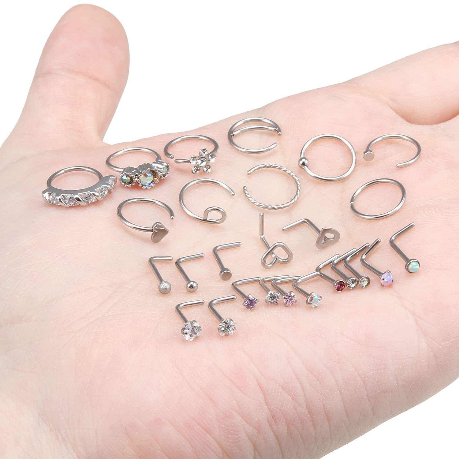 Vsnnsns 20G Nose Rings for Women Surgical Steel Nose Rings Hoops L Shaped Nose Studs Nose Hoop Rings 2mm Diamond CZ Nose Ring Nose Piercing Jewelry Silver 26Pcs