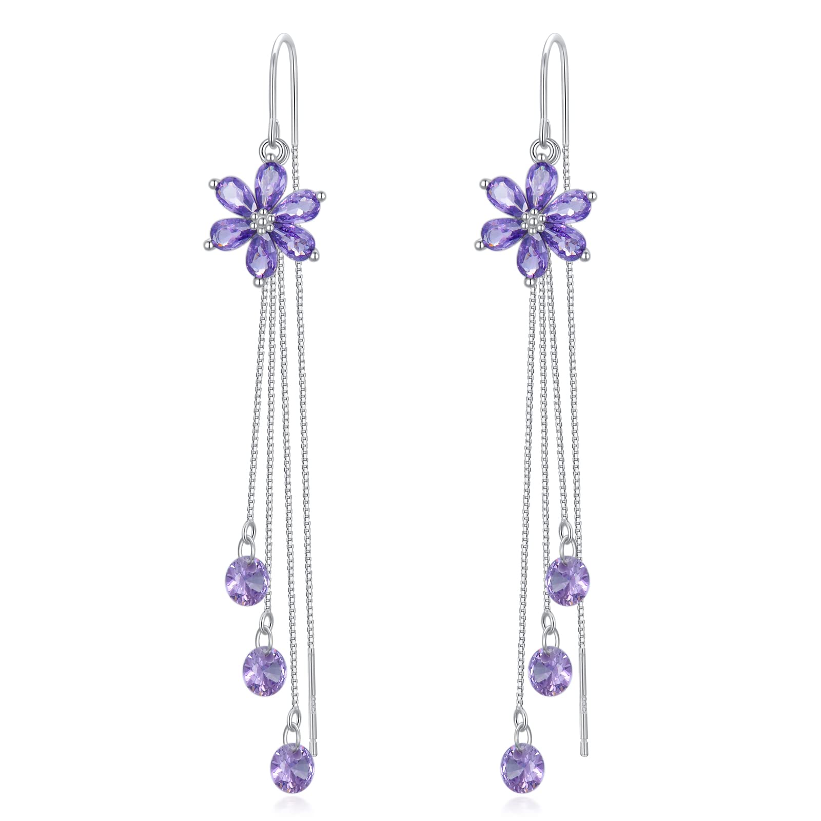 925 Sterling Silver Threader Earrings with Flower Crystal Tassel Long Charm Drop Dangle Earrings Jewelry Gifts for Women