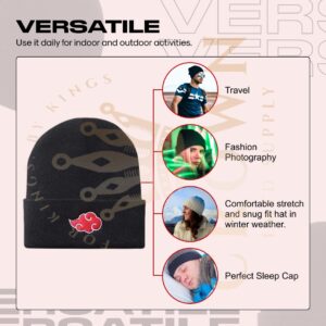 Anime Beanie Hat Winter Caps for Men and Womens Beanies, Cuffed Knit Graphic Beanie, Comfy and Soft Embroidered Anime Hat (Black Red)