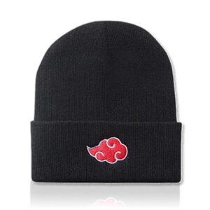 anime beanie hat winter caps for men and womens beanies, cuffed knit graphic beanie, comfy and soft embroidered anime hat (black red)