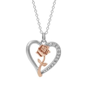 disney princess beauty and the beast two tone necklace, belle rose crystal heart pendant, 18"