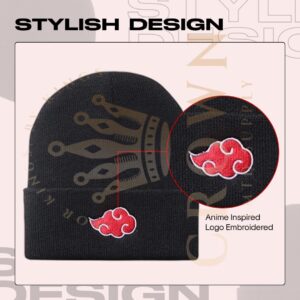 Anime Beanie Hat Winter Caps for Men and Womens Beanies, Cuffed Knit Graphic Beanie, Comfy and Soft Embroidered Anime Hat (Black Red)