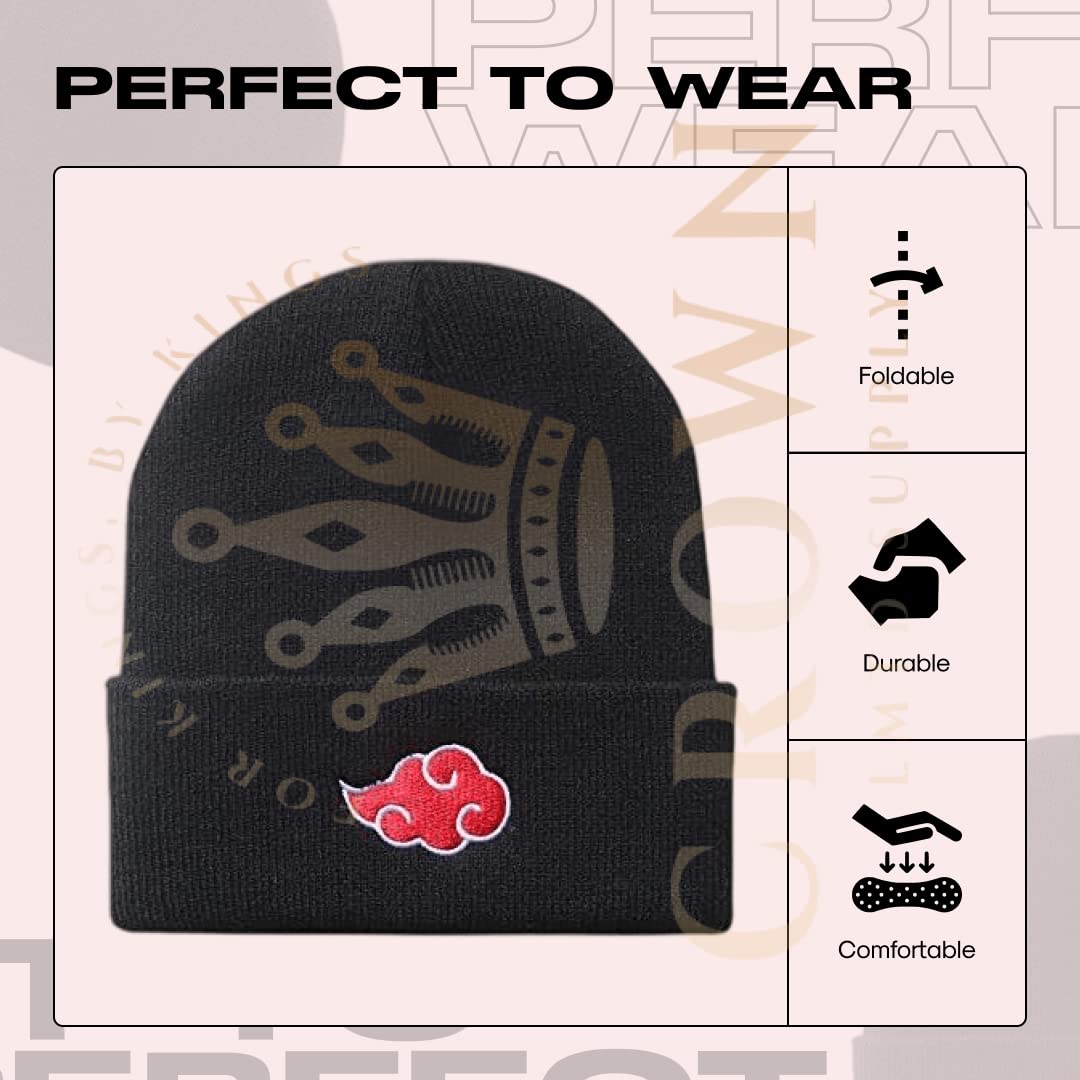 Anime Beanie Hat Winter Caps for Men and Womens Beanies, Cuffed Knit Graphic Beanie, Comfy and Soft Embroidered Anime Hat (Black Red)