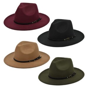 women classic wide brim fedora hat, 4 pack retro panama hat wool fedora hat with belt buckle (black+army green+camel+wine red)