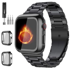 bekomo compatible with apple watch band 44mm 45mm 42mm 40mm 38mm 41mm, stainless steel metal xl large iwatch bands with 2 pack tempered glass screen case for series 8/7/6/5/4/3/2/1/se for men black