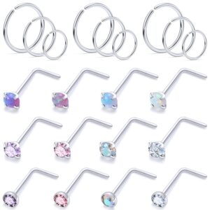 vsnnsns 18g nose rings for women surgical steel nose rings hoops l shaped nose studs nose hoop rings 6mm 8mm 10mm opal nose rings 2.5mm diamond cz nose ring piercing jewelry silver 21pcs