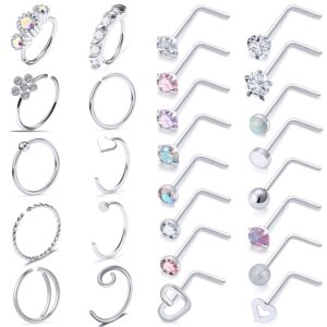 vsnnsns 20g nose rings for women surgical steel nose rings hoops l shaped nose studs nose hoop rings 2mm diamond cz nose ring nose piercing jewelry silver 26pcs