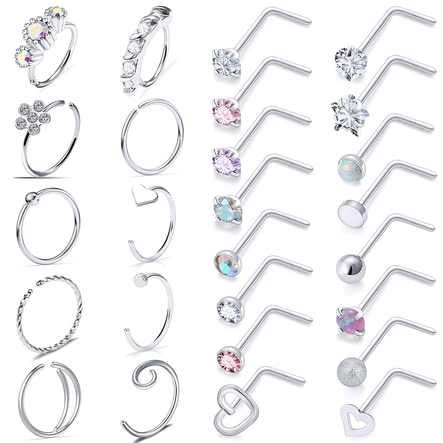 Vsnnsns 20G Nose Rings for Women Surgical Steel Nose Rings Hoops L Shaped Nose Studs Nose Hoop Rings 2mm Diamond CZ Nose Ring Nose Piercing Jewelry Silver 26Pcs