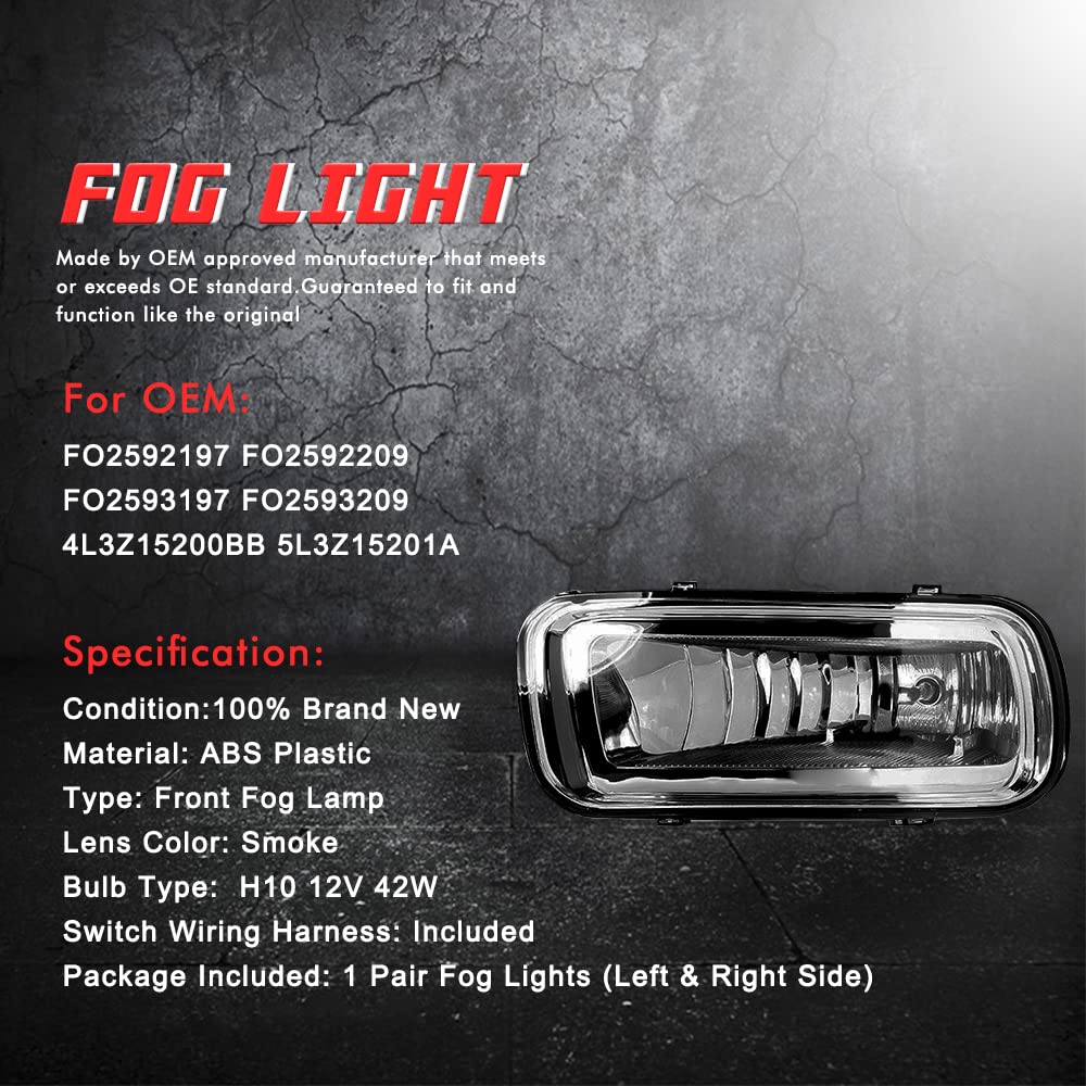 Driving Fog Lights Lamps OE Style Replacement for 2004 2005 2006 Ford F150 With H10 12V 42W Halogen Bulbs Replaces # FO2592197 FO2592209 FO2593197 FO2593209 4L3Z15200BB 5L3Z15201A (Smoke Lens)