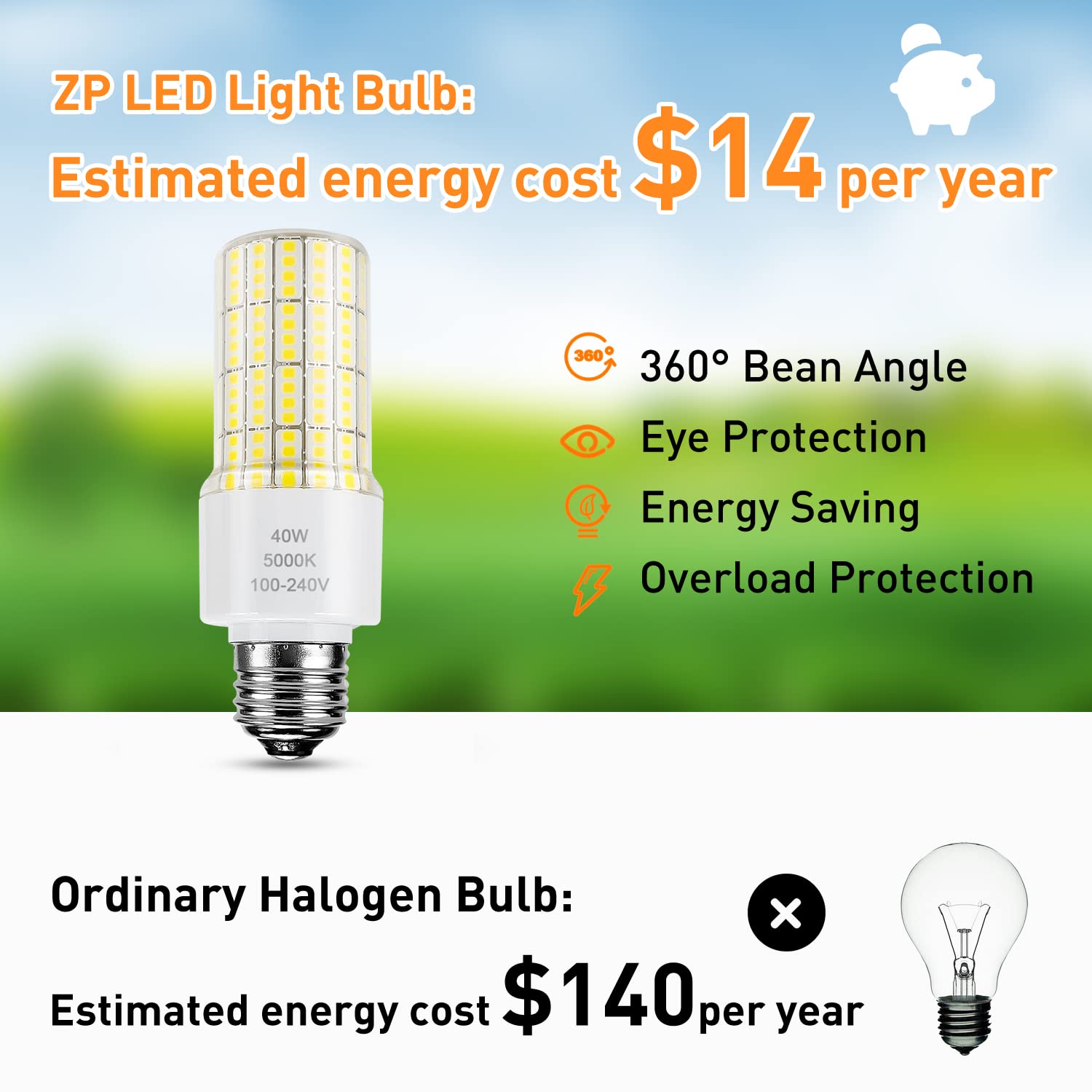 ZP A19 Led Light Bulb 300W Equivalent 40W Bulbs 5000 Lumen 5000K Cool Daylight White E26/E27 Base Waterproof Lighting for Outdoor Indoor Garage Warehouse Corn Green, 2 Count (Pack of 1)