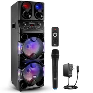 pyle portable bluetooth pa speaker - 600w dual 10” rechargeable indoor/outdoor bt karaoke audio system -led display, fm/aux/mp3/usb/sd, 1/4" in, handle, wheels -wireless mic, remote control