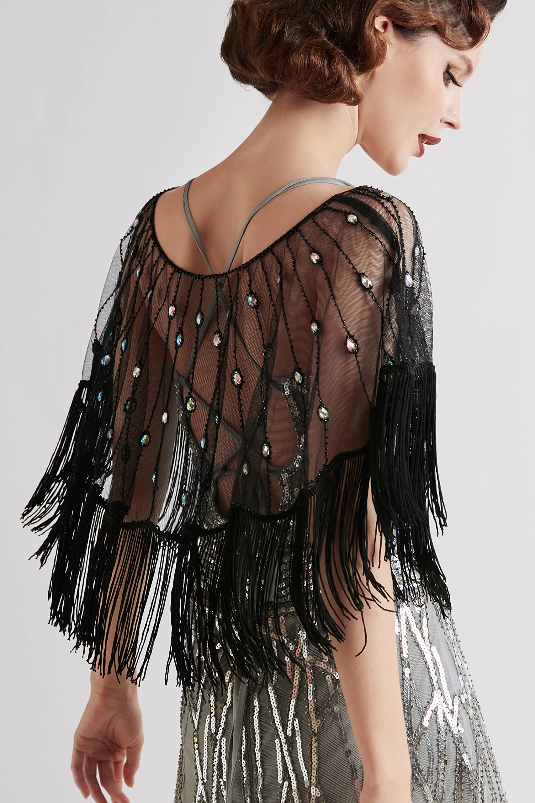 BABEYOND Sequin Beaded Shawl Wrap 1920s Evening Cape Shawl Gatsby for Evening Dresses Wedding Party (Black)