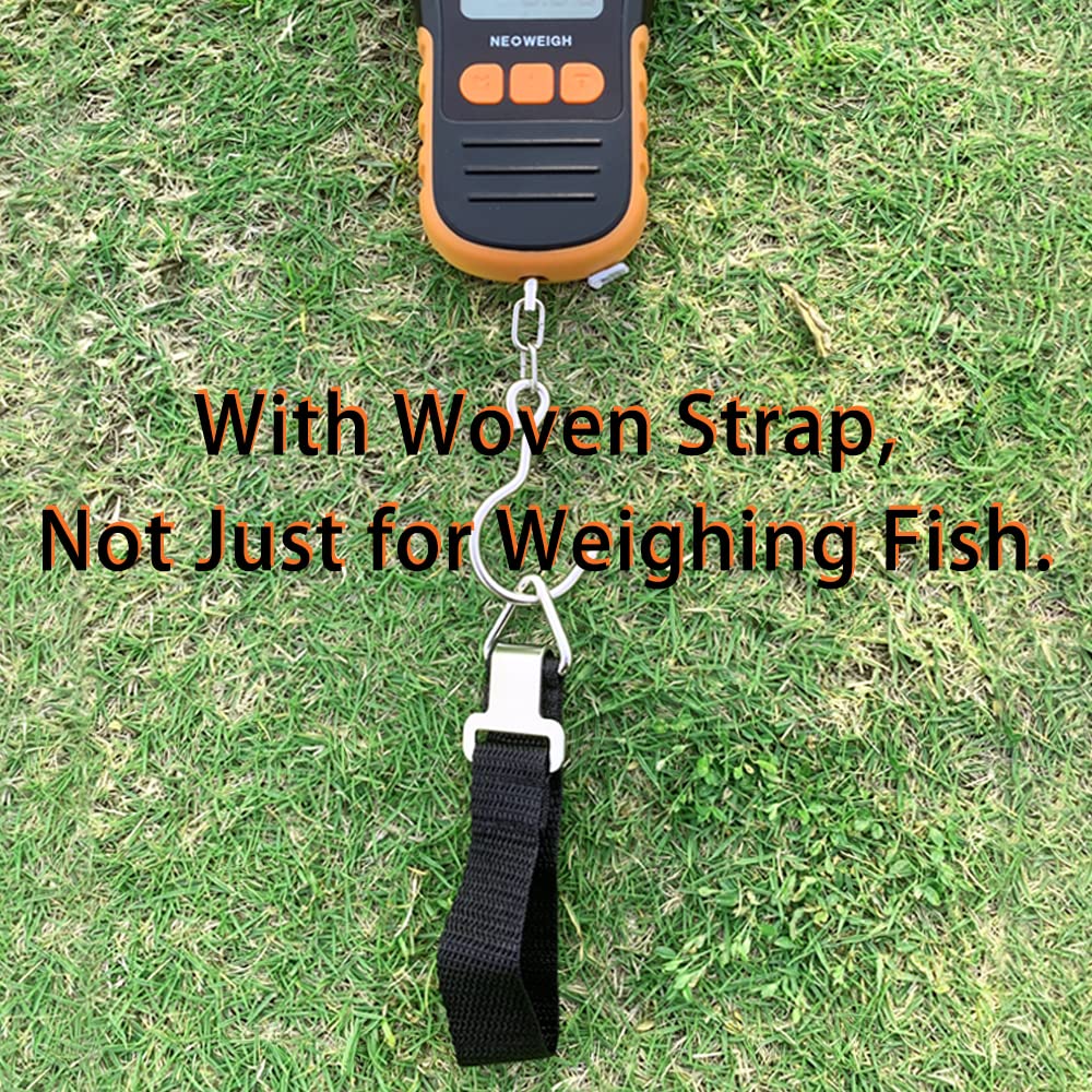 Portable Fishing Scale, Easy to Read, 110lbs/50kg, Digital Fishing Scale with Tape Measure, Large Backlight Display, 3 Weighing Units, Fishing Lanyard, Woven Strap, Tare Funcion