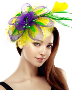 jssycg mardi gras fascinator cocktail tea party headwear feather chiffon flower headband for women girls, multicolor