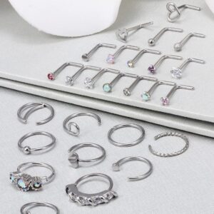 Vsnnsns 20G Nose Rings for Women Surgical Steel Nose Rings Hoops L Shaped Nose Studs Nose Hoop Rings 2mm Diamond CZ Nose Ring Nose Piercing Jewelry Silver 26Pcs