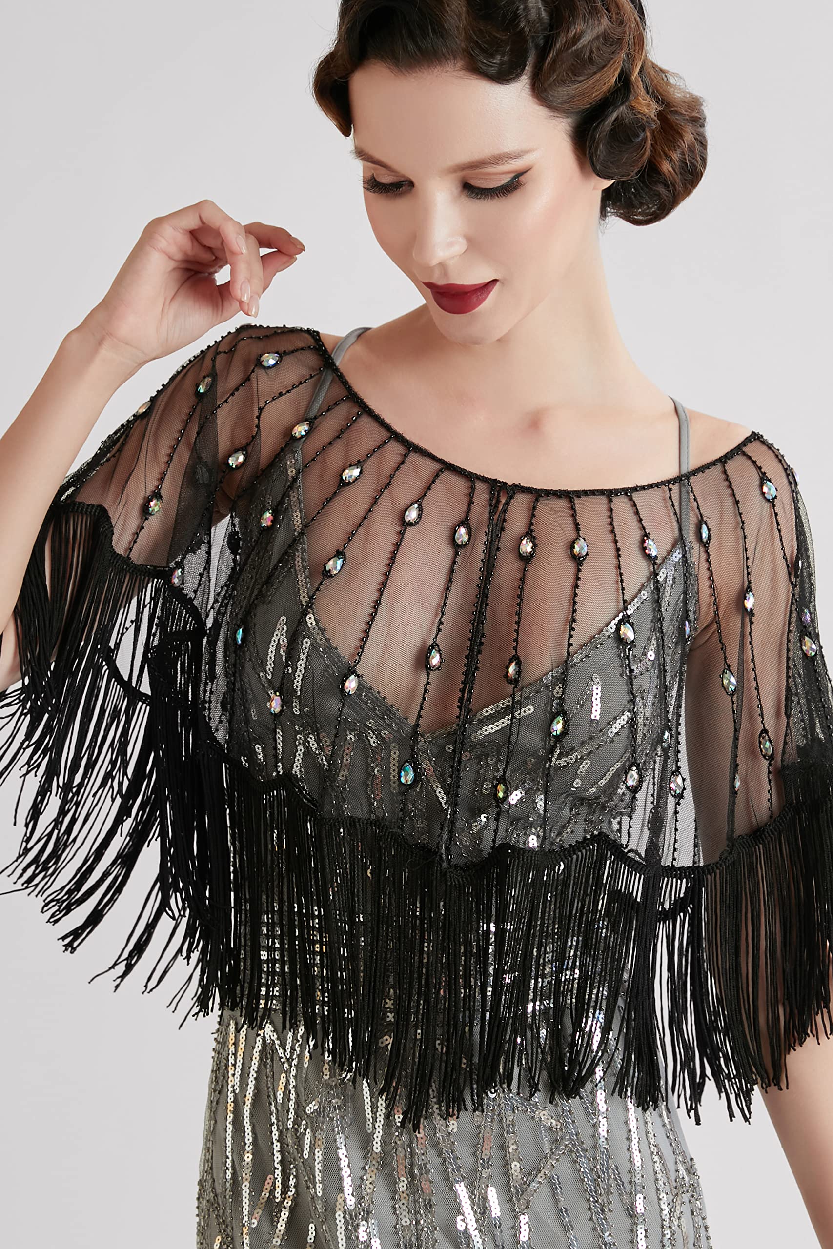 BABEYOND Sequin Beaded Shawl Wrap 1920s Evening Cape Shawl Gatsby for Evening Dresses Wedding Party (Black)