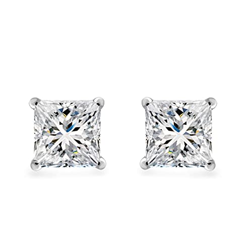 Jewelili 14K White Gold with 3/8 Cttw Princess Cut Diamond Stud Earrings