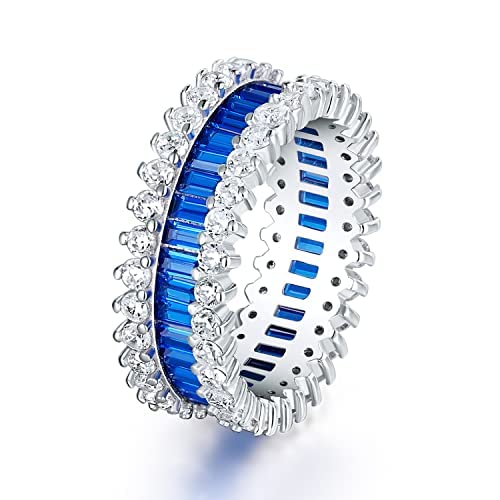 OPOMOMO Eternity Ring Wedding Bands, 18K White Gold Plated Sapphire Cubic Zirconia Rings Baguette Bands for Women Men 10