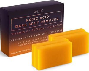 valitic kojic acid dark spot remover soap bars with vitamin c, retinol, collagen, turmeric - original japanese complex infused hyaluronic acid, e, shea butter, castile olive oil (4 pack)