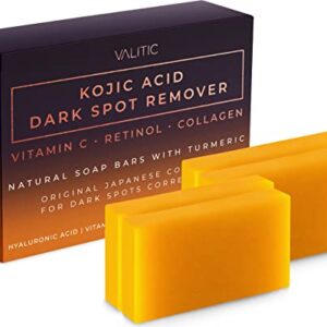 VALITIC Kojic Acid Dark Spot Remover Soap Bars with Vitamin C, Retinol, Collagen, Turmeric - Original Japanese Complex Infused Hyaluronic Acid, E, Shea Butter, Castile Olive Oil (4 Pack)