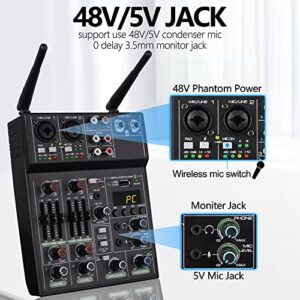 Professional Audio Mixer With Dual Wireless Microphone, Sound Board Console System Interface 4 Channel Dj Mixer USB Bluetooth MP3 Computer Input 48V Phantom Power, Suitable for DJ Karaoke PC Guitar