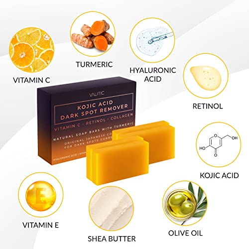 VALITIC Kojic Acid Dark Spot Remover Soap Bars with Vitamin C, Retinol, Collagen, Turmeric - Original Japanese Complex Infused Hyaluronic Acid, E, Shea Butter, Castile Olive Oil (4 Pack)