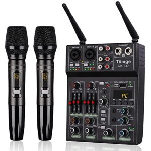 professional audio mixer with dual wireless microphone, sound board console system interface 4 channel dj mixer usb bluetooth mp3 computer input 48v phantom power, suitable for dj karaoke pc guitar